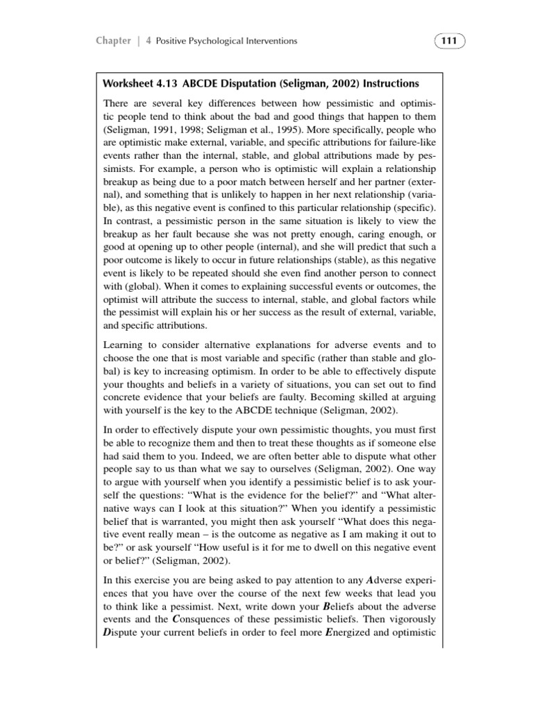 Disputing Pessimistic Thoughts: Using the ABCDE Model to Increase Optimism | PDF | Optimism ...