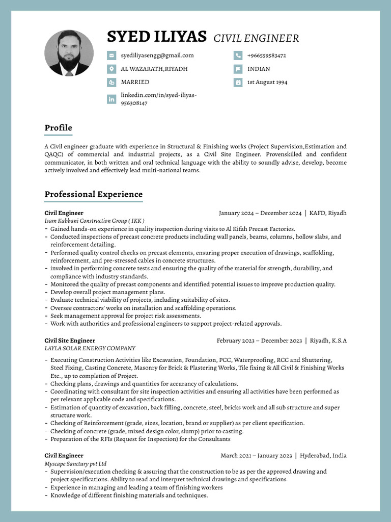 Civil Engineer Resume: Syed Iliyas | PDF | Concrete | Precast Concrete