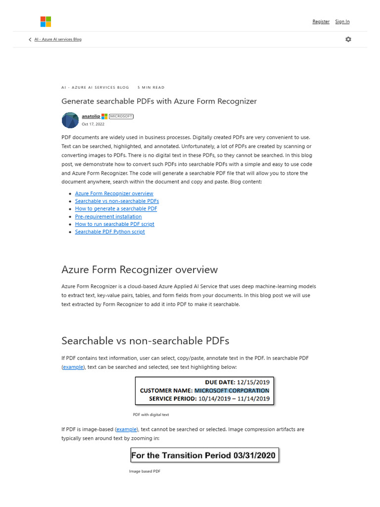 Generate Searchable PDFs With Azure Form Recognizer | PDF | Microsoft | Optical Character ...