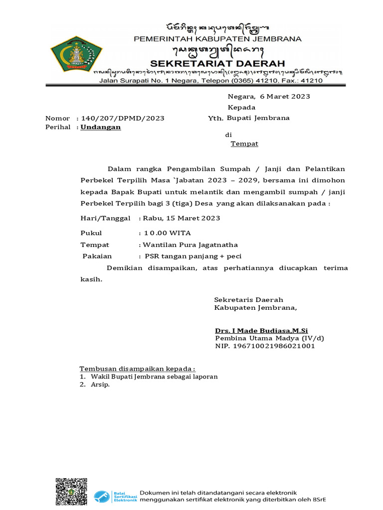 PMD Undangan Pelantikan Perbekel 15 Maret 1 Bupati | PDF