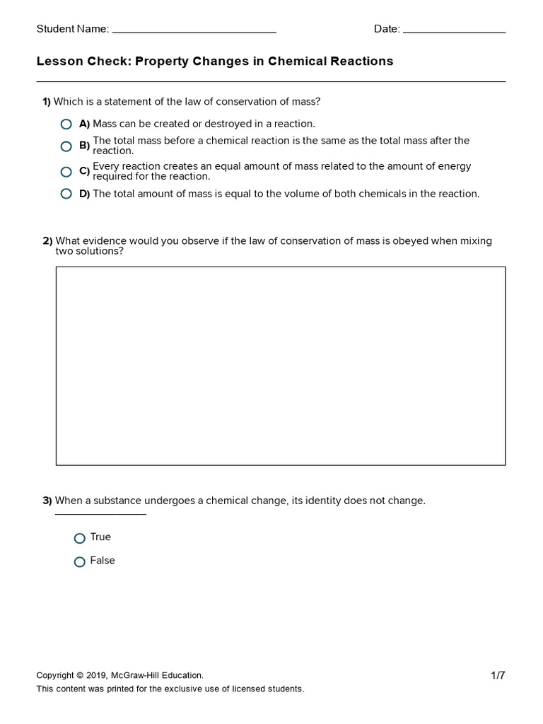 Lesson Check - Property Changes in Chemical Reactions | PDF | Hydrogen ...