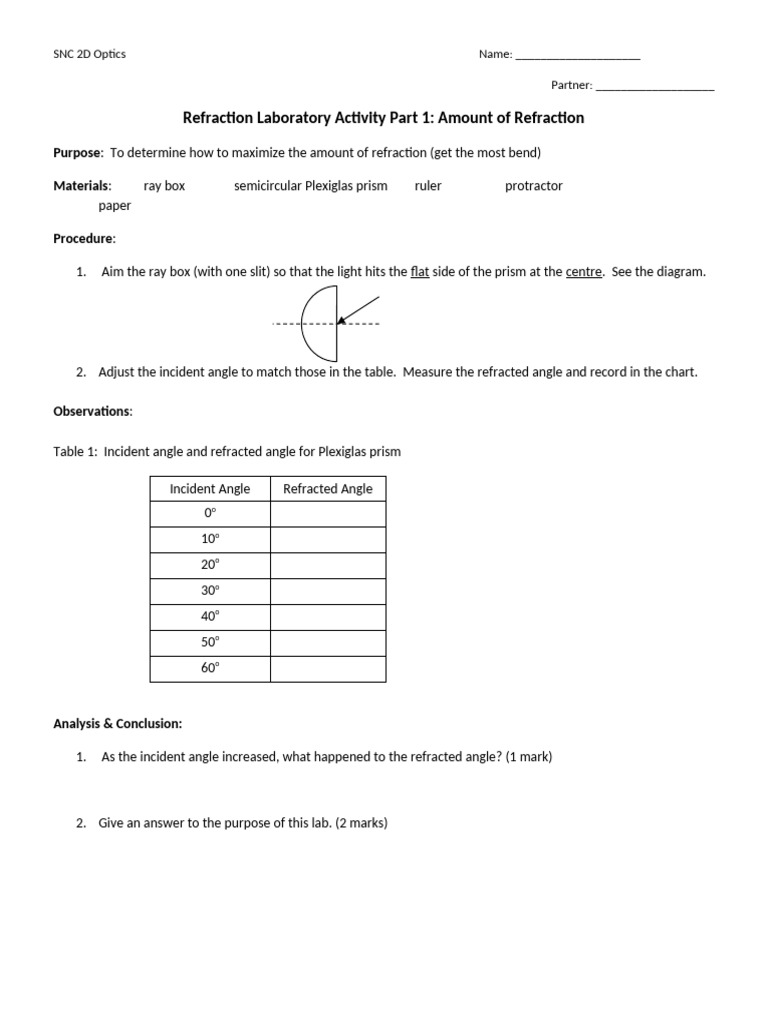13c - Investigating Refraction Lab | PDF | Refraction | Refractive Index