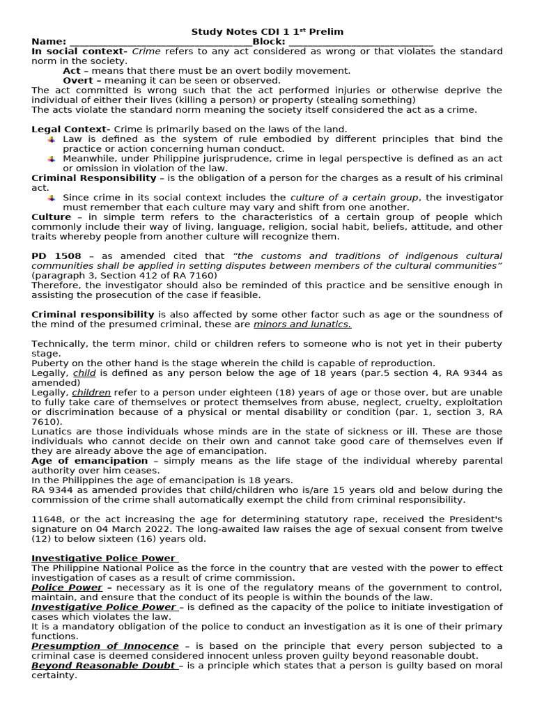 Study Notes CDI 1 1st Prelim | PDF | Witness | Criminal Procedure