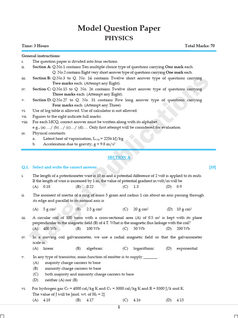 Physics Model Question Paper for XII | PDF | Gases | Inductance