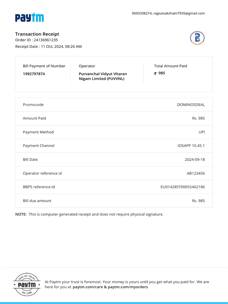 Paytm Bill Payment Confirmation | PDF