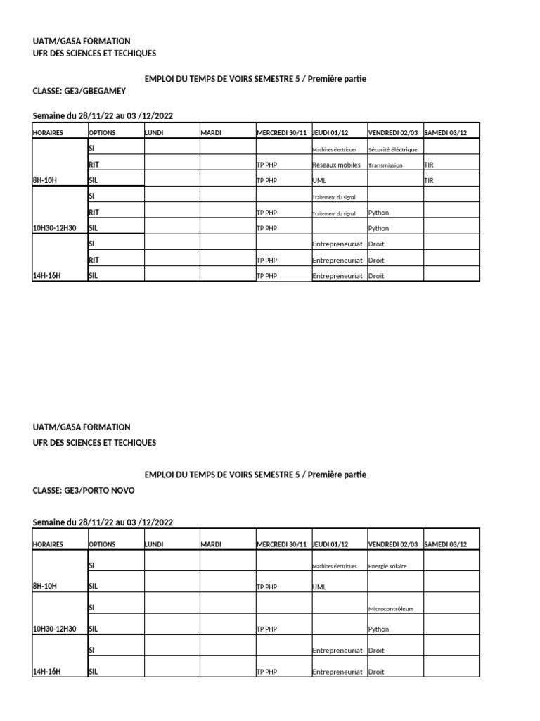 Emploi du temps Semestre 5 UATM/GASA | PDF