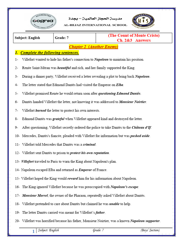 The Count of Monte Cristo Revision Answers Ch.2,3 | PDF | The Count Of ...