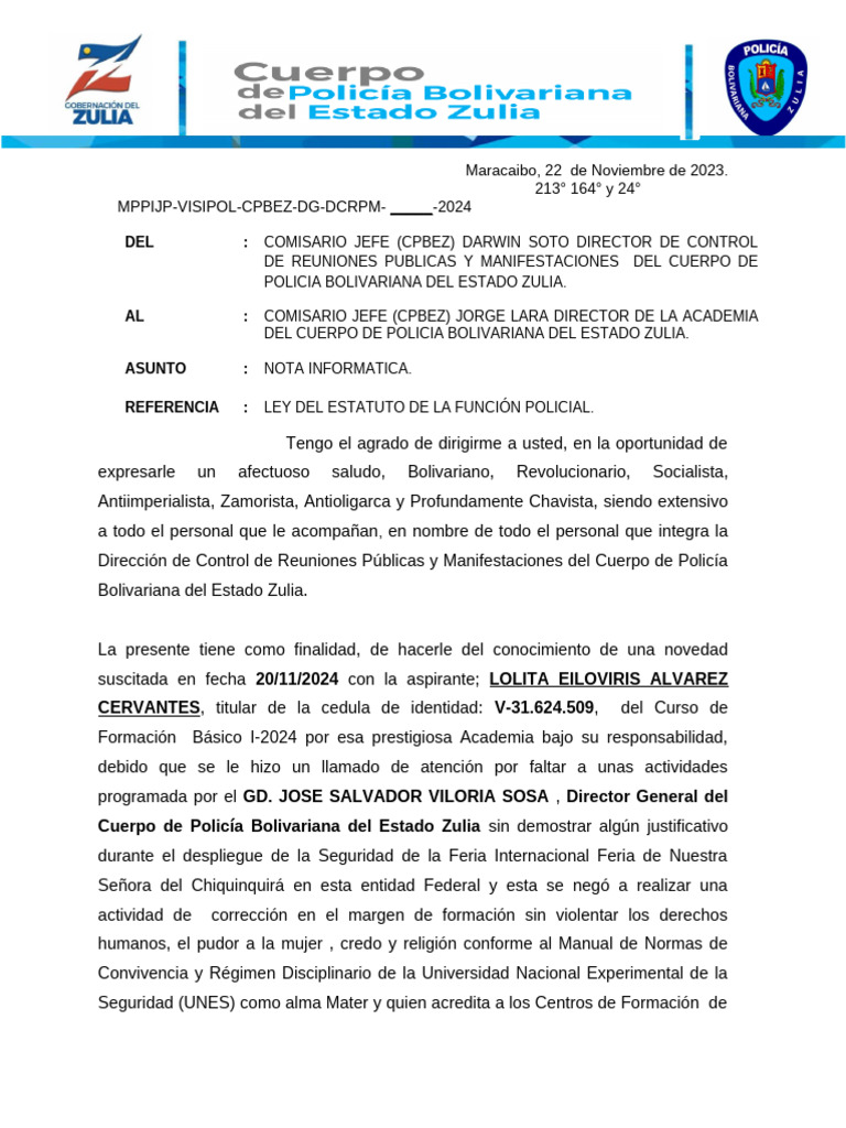 Informe de Solicitud Alunno Cpbez - 2024 | PDF | Policía | Venezuela