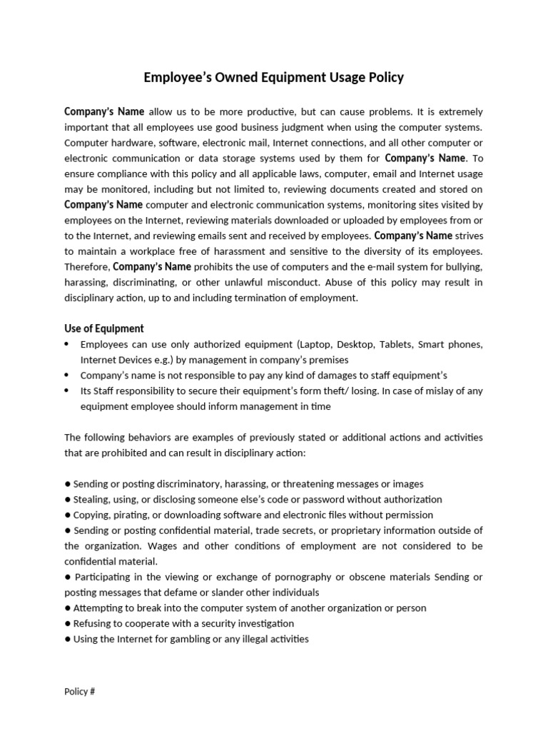 Employee Equipment Usage Policy | PDF | Internet | Harassment