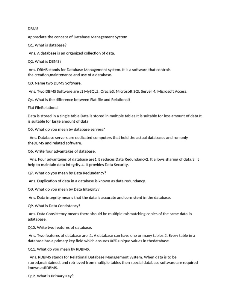 Dbms Questions And Answers Pdf Databases Relational Database 4402