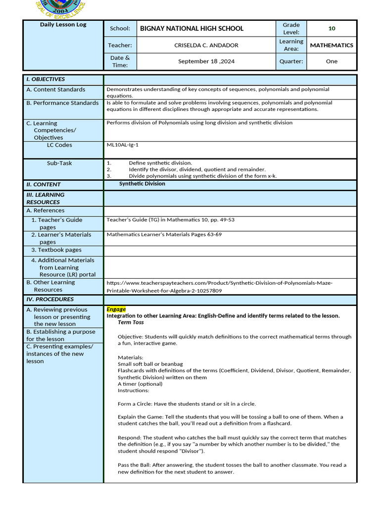 DLL Q1 COT 1 Synthetic Div | PDF | Division (Mathematics) | Mathematics