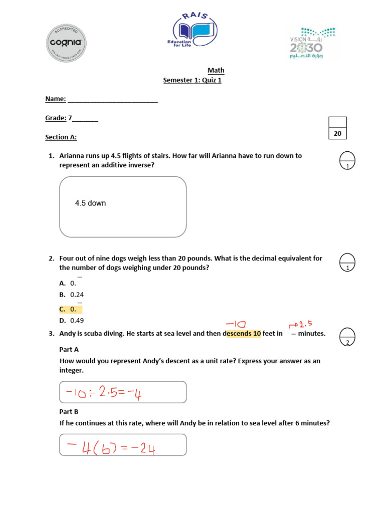 Grade 7 Quiz 1 Final Memo 2 | PDF | Decimal | Numbers