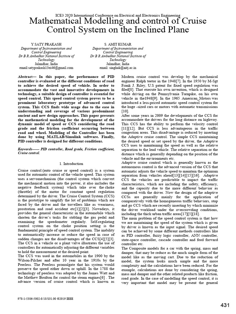Mathematical Modelling and Control of Cruise Control System On The Inclined Plane | PDF ...