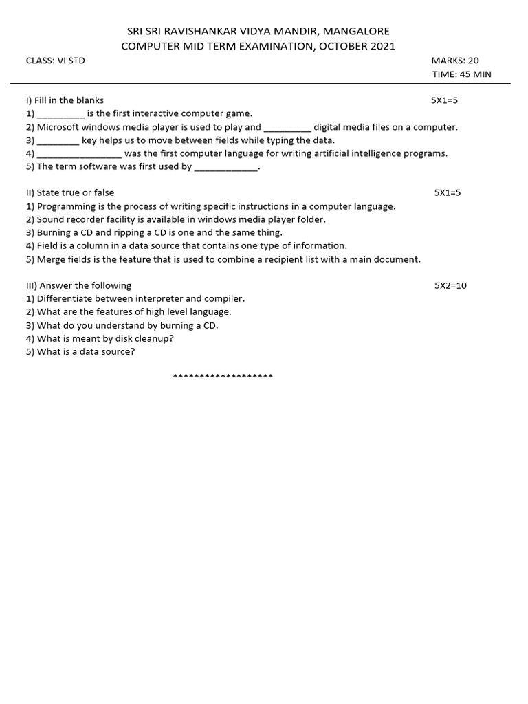 6th Midterm QP | PDF
