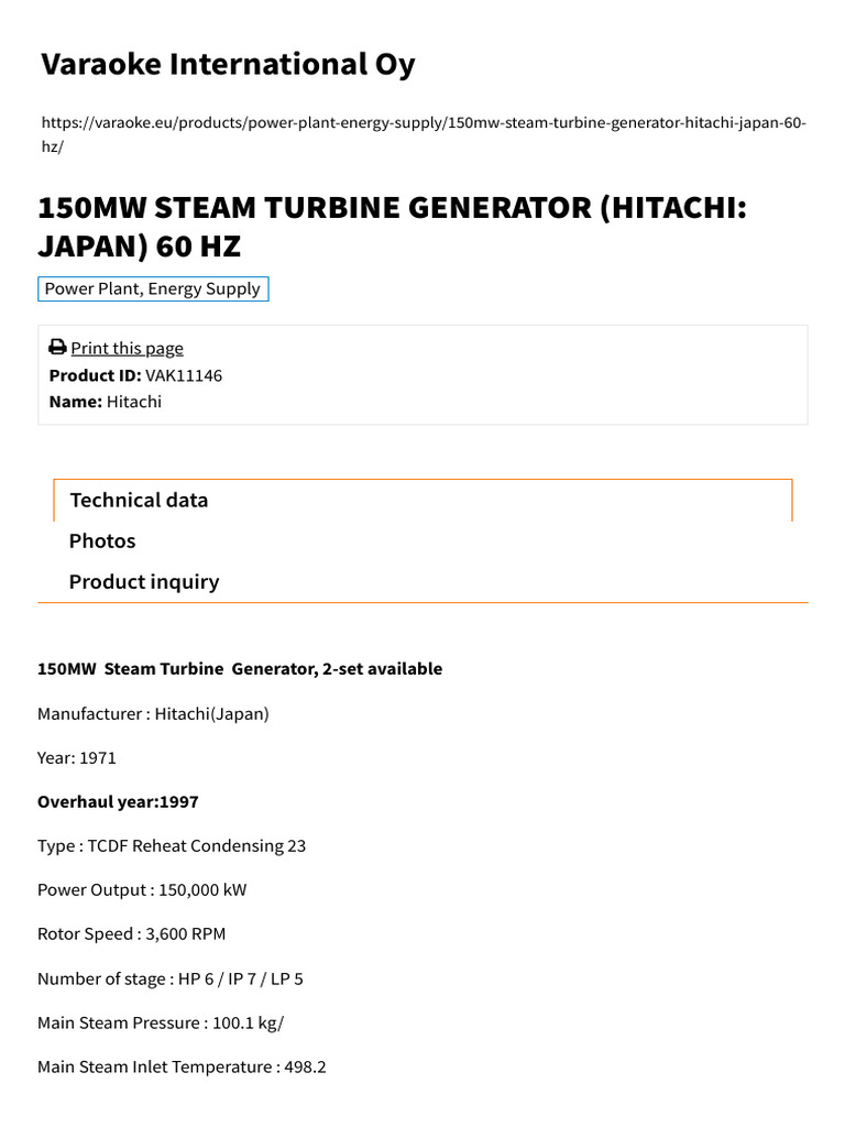 150MW Steam Turbine Generator (Hitachi - Japan) 60 HZ - Varaoke ...