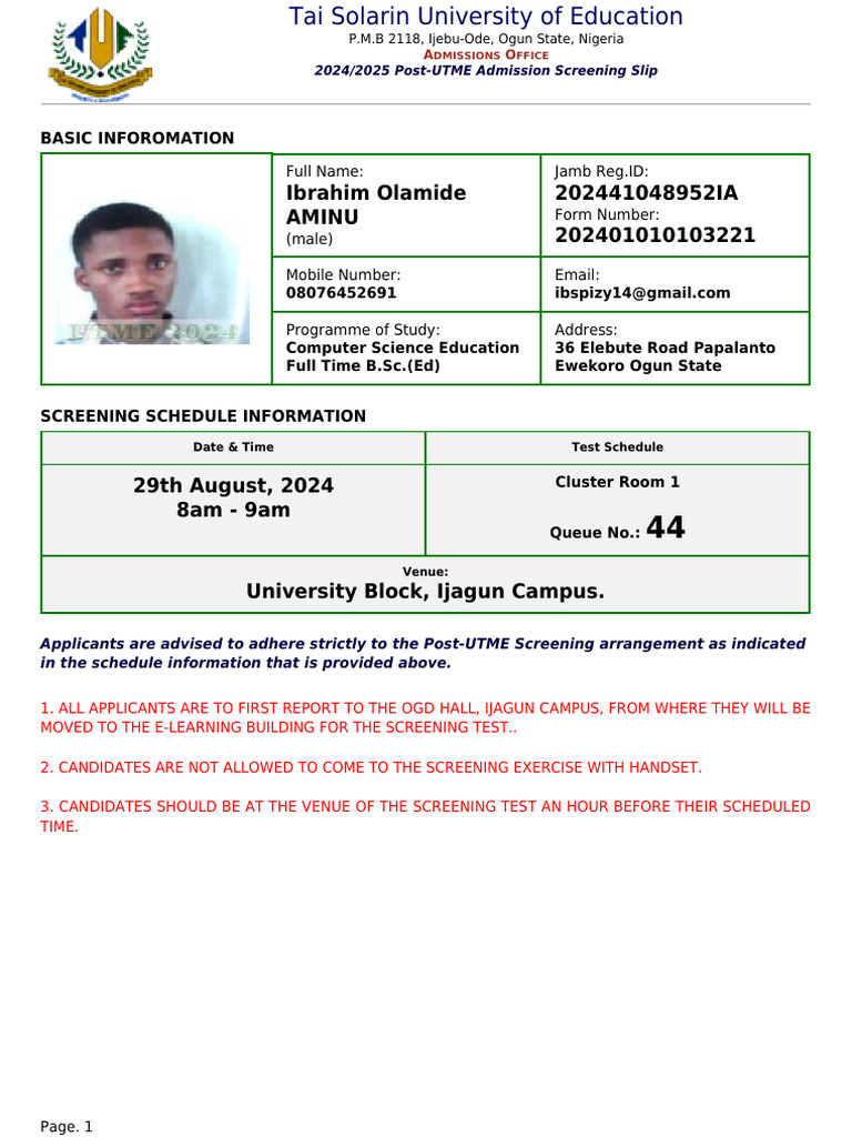 2024/2025 Post-UTME Screening Slip | PDF