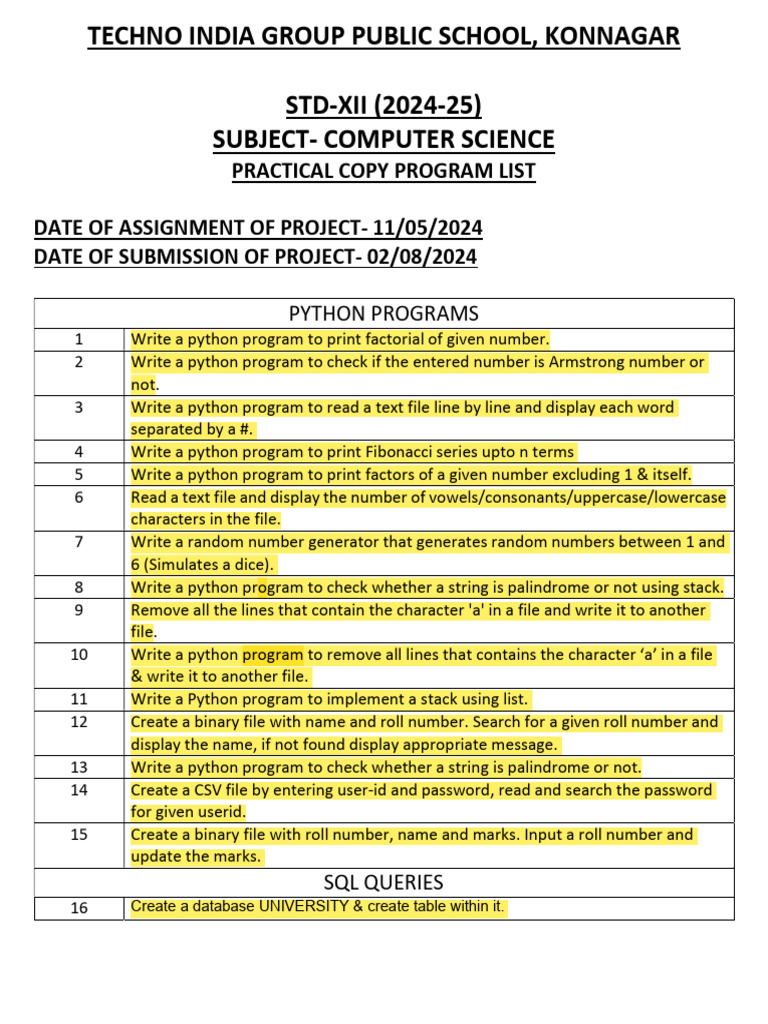 CLASS 12 CS PRACTICAL DETAILS | PDF | Table (Database) | Sql