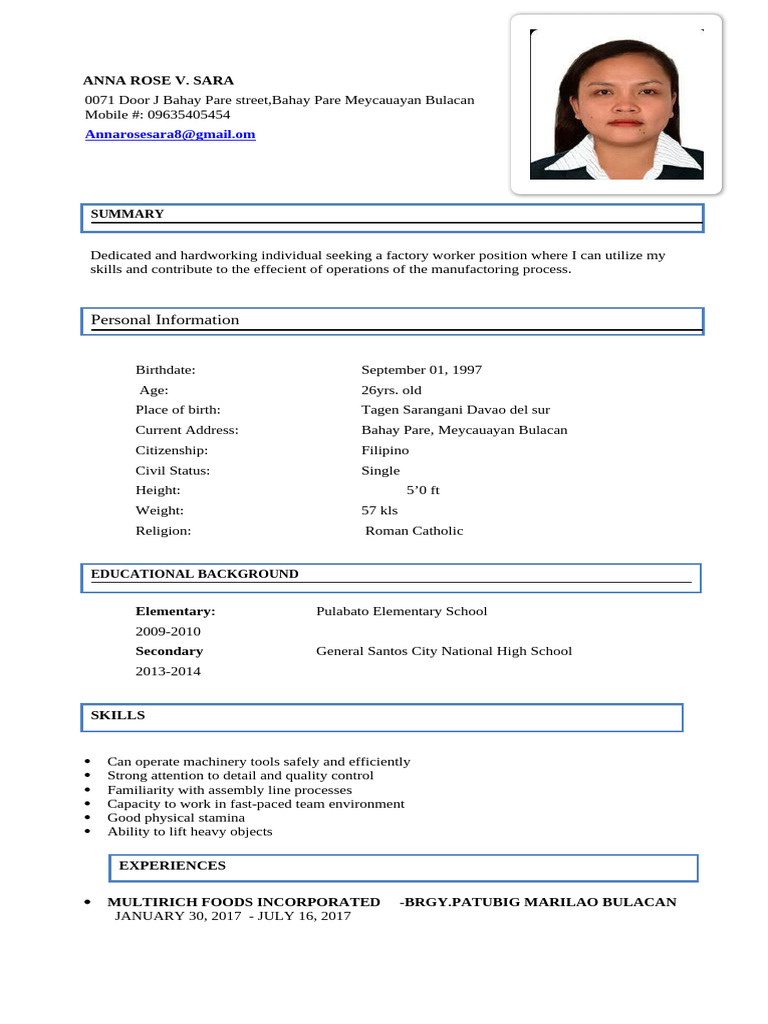 Factory Worker Application - Marilao, Bulacan | PDF