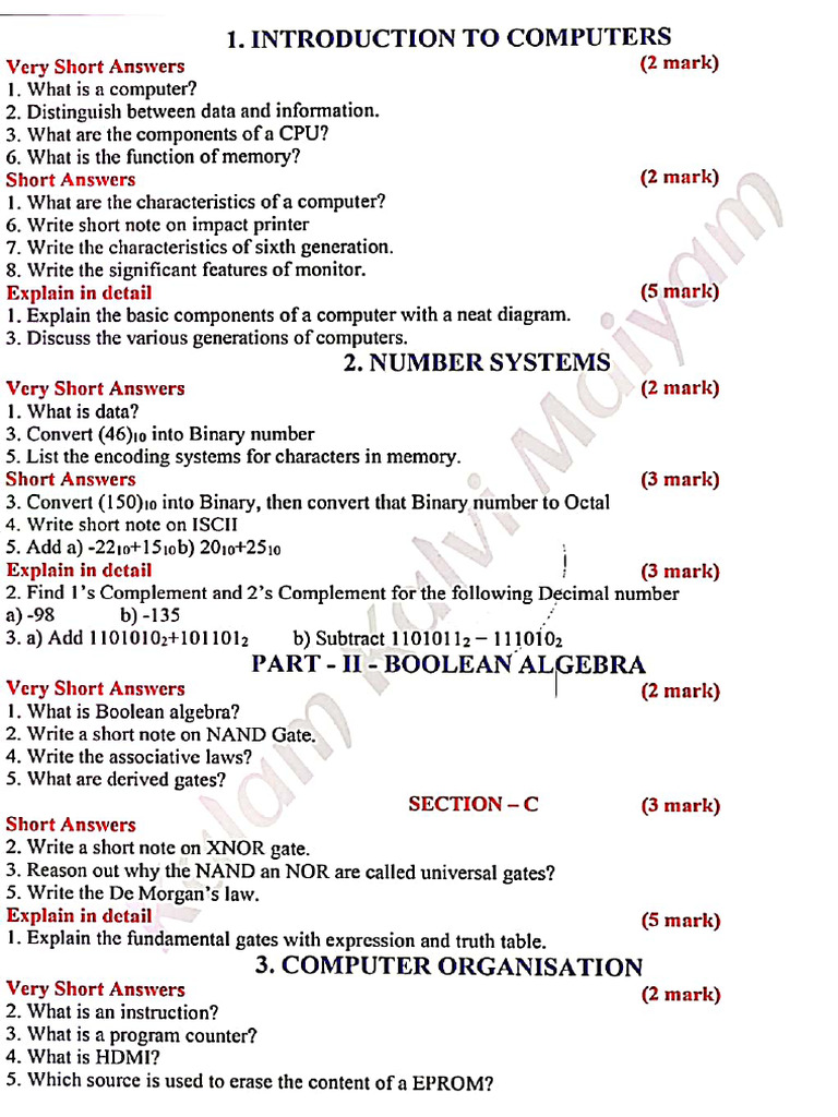 11TH Computer Science Important Questions | PDF
