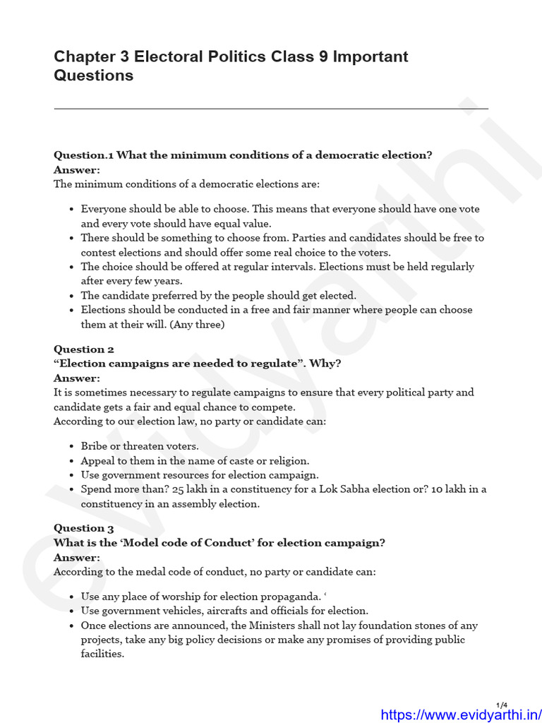 Important Question Cbse Class 9 Civics Chapter 3 Electoral Politics ...