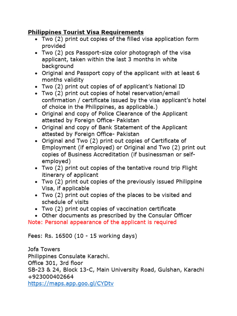 Philippines Tourist Visa Requirements | PDF