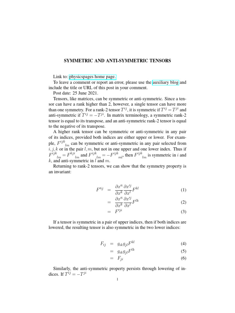 Symmetric and anti-symmetric tensors (1) | PDF | Tensor | Mathematical Physics