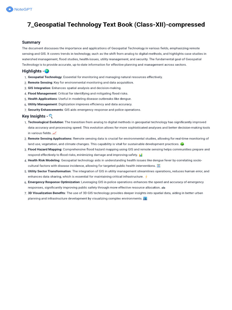 NoteGPT - Summary - 7 - Geospatial Technology Text Book (Class-XII ...