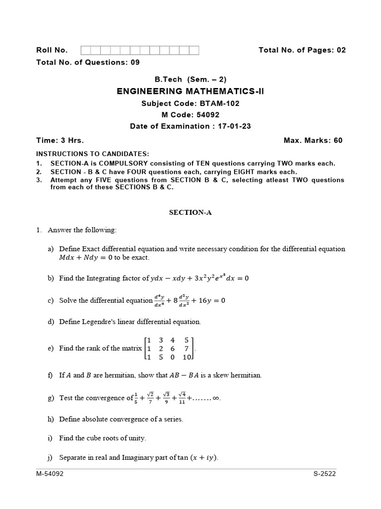 Btech 2 Sem Engineering Mathematics 2 54092 Jan 2023 | PDF | Equations ...