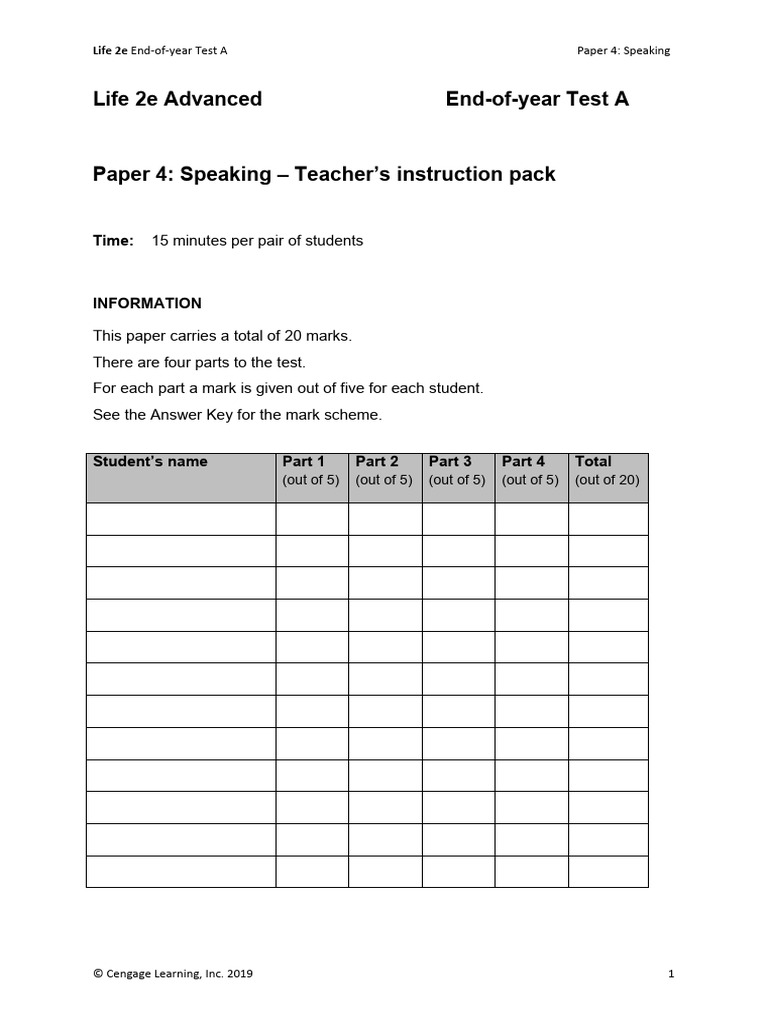 Life 2e Adv End-Of-Year TestA Paper4 Teacher | PDF | Cognition | Social ...