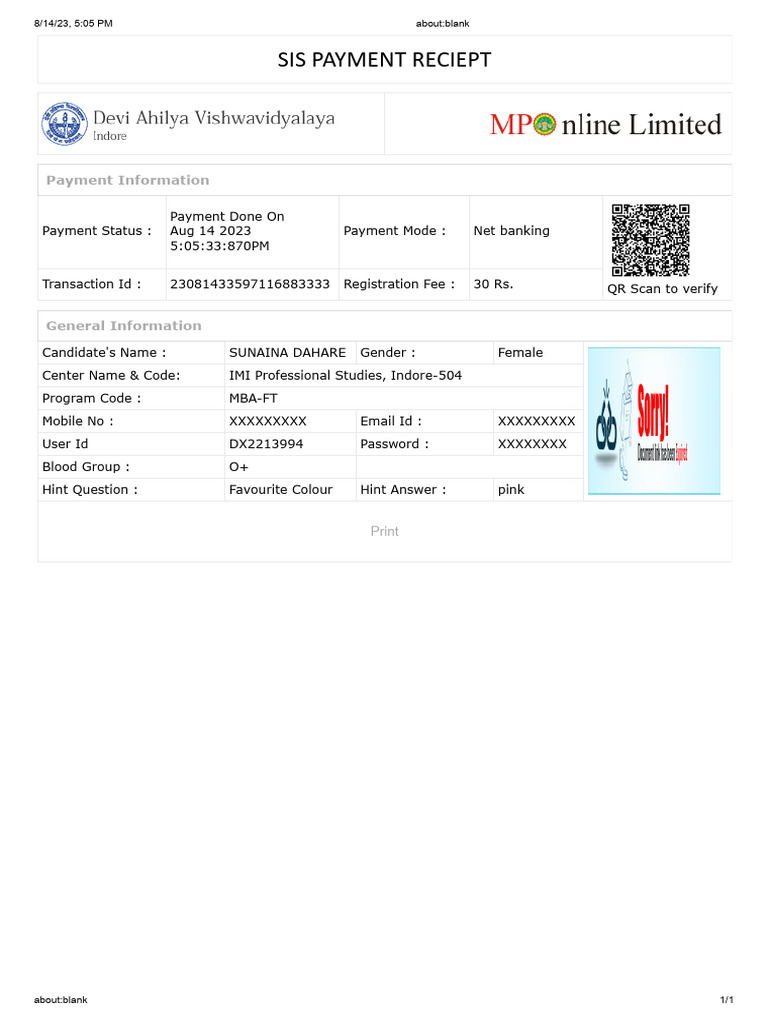 SIS Payment Receipt for MBA Registration | PDF