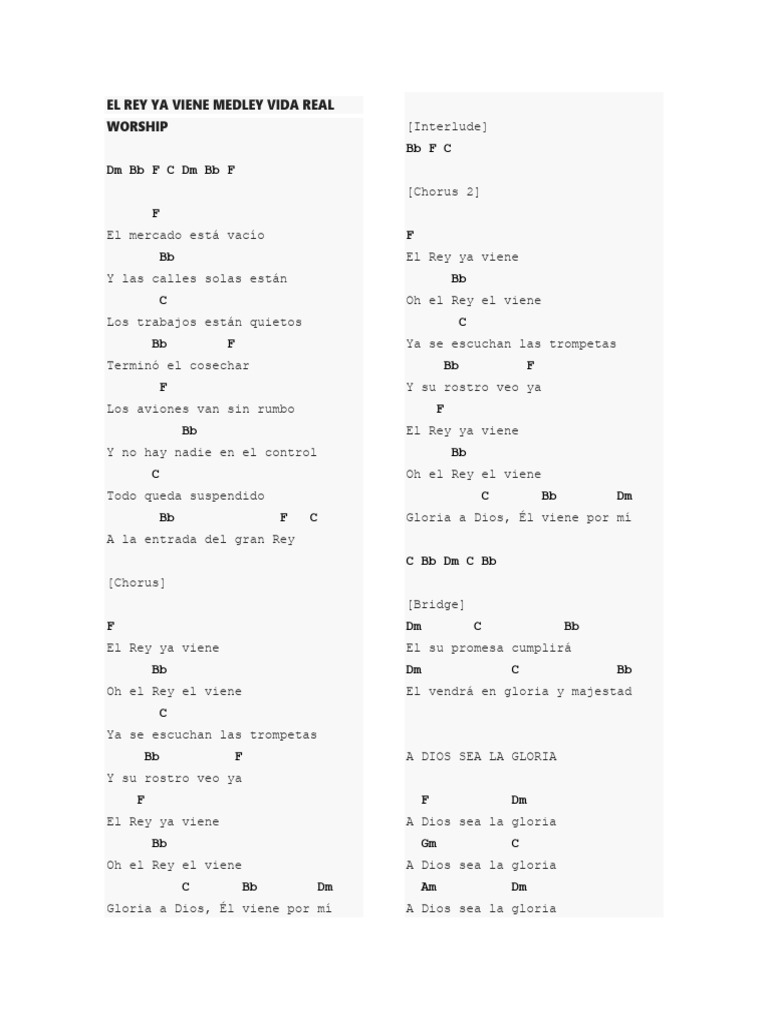 EL REY YA VIENE MEDLEY VIDA REAL WORSHIP | PDF