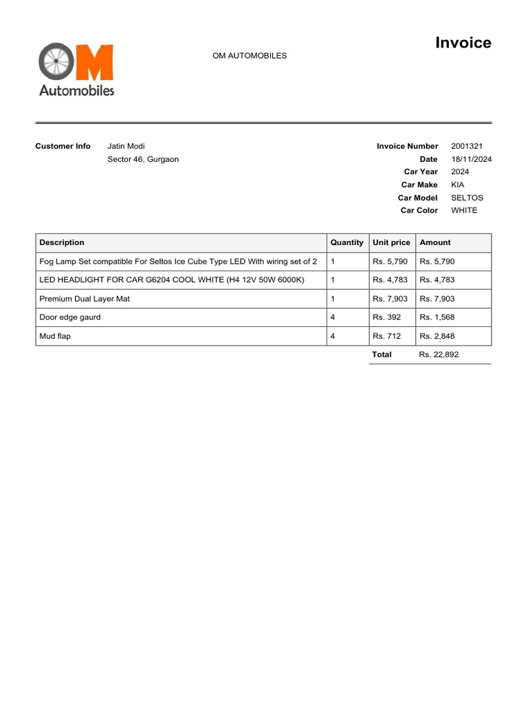 KIA Seltos Invoice - Accessories Breakdown | PDF