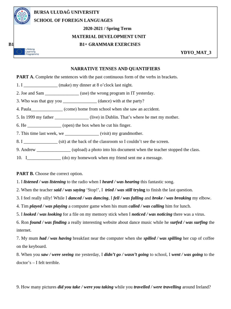 B1 Grammar Exercises: Narrative Tenses | PDF