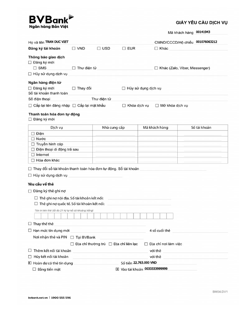 PYC DICH VU - HOAN DU CO TK TTD | PDF