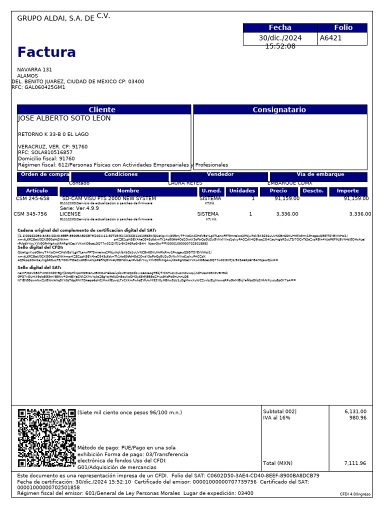 GAL060425GM1 Factura A6421 20241230 | PDF