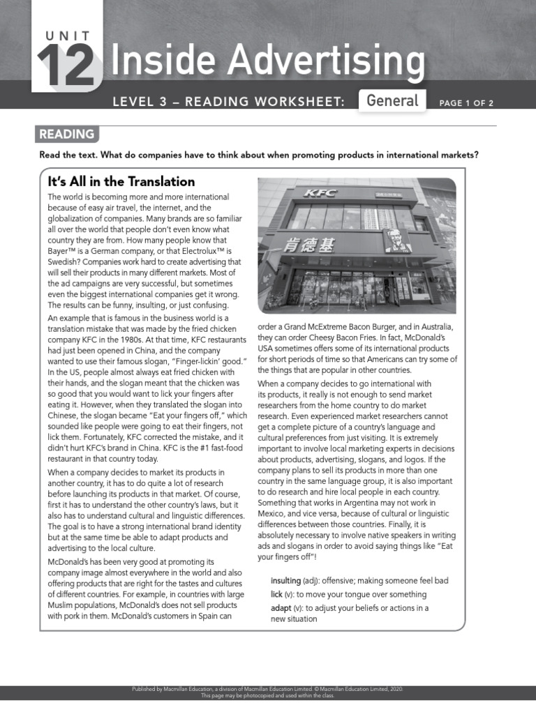 SYM_3_U12_ReadingWorksheet (1) | PDF | Advertising | Emotions