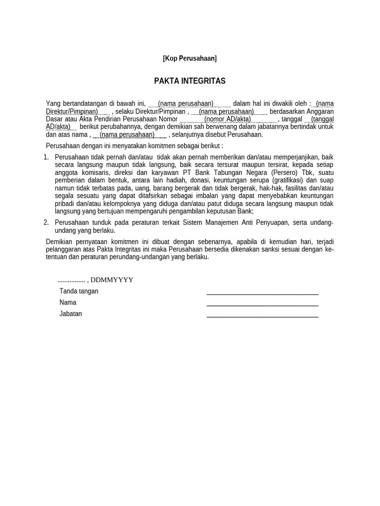 Pakta Integritas Perusahaan Terhadap Suap | PDF
