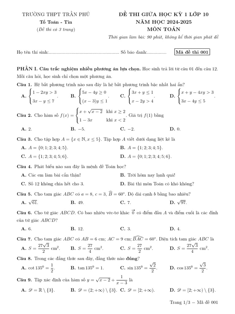 De-GK1-Toan-10-2024-2025 | PDF