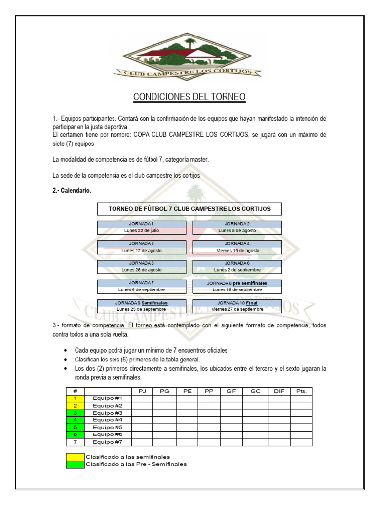 Condiciones de Competencia Torneo de Futbol 7 Copa Club Campestre Los ...