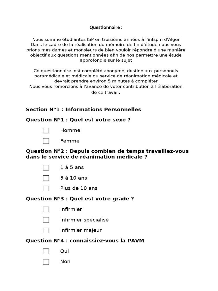 Questionnaire sur les PAVM en réanimation | PDF | Pneumonie | Médecine ...
