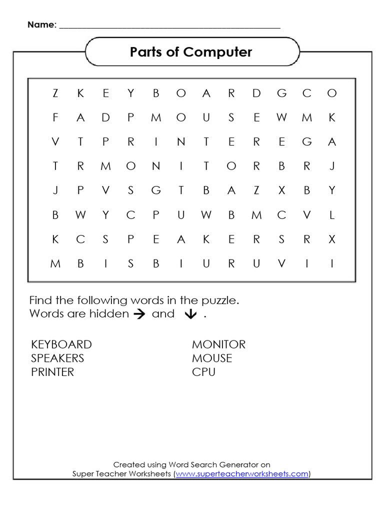 Parts of Computer WORD SEARCH | PDF | Word Search | Office Equipment