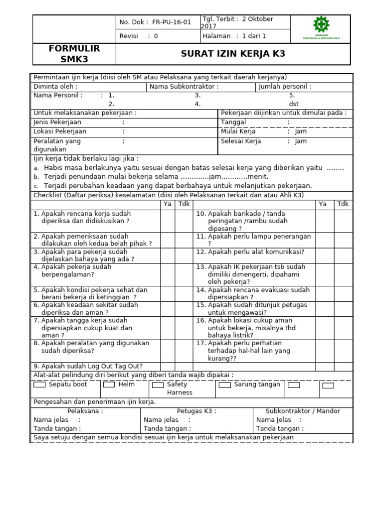Contoh Izin Kerja K3 Umum | PDF