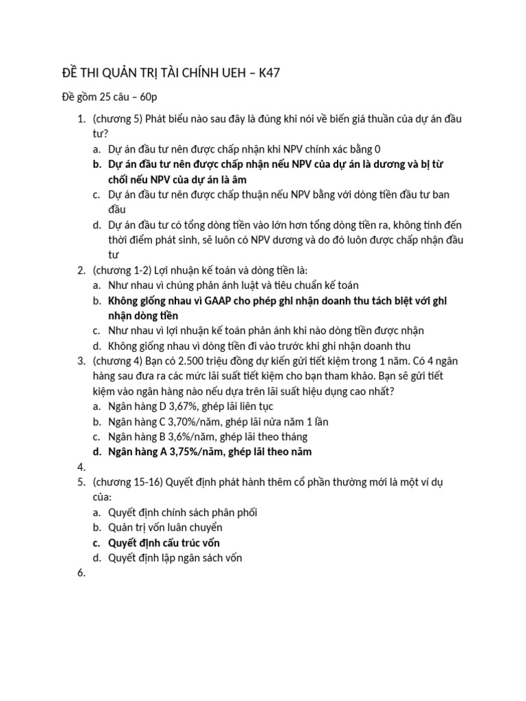 ĐỀ THI QUẢN TRỊ TÀI CHÍNH K47 | PDF