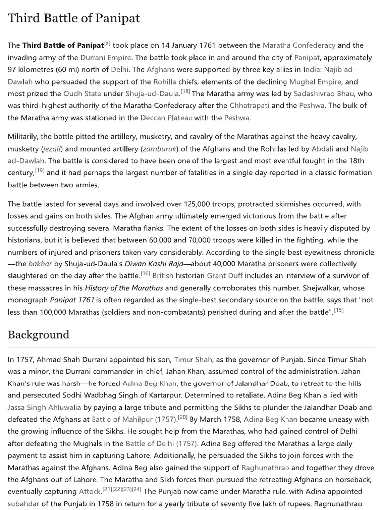 Third Battle of Panipat - Wikipedia | PDF