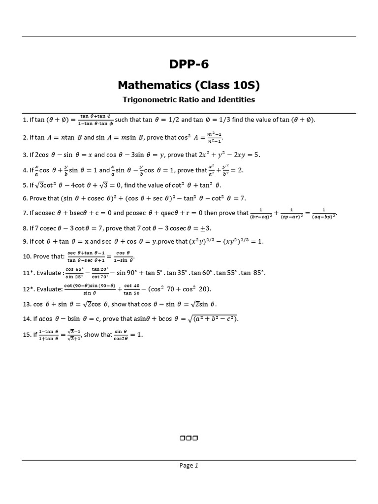 10S Math DPP-6 Trigonometric Identities | PDF | Trigonometric Functions | Euclidean Geometry