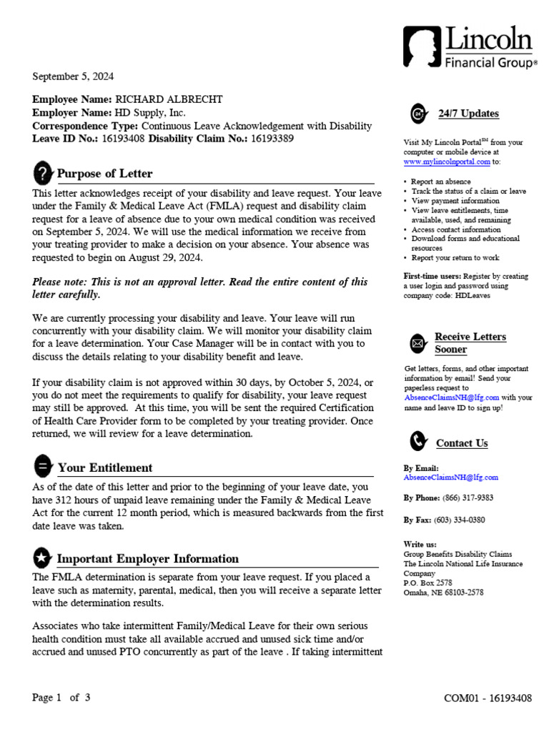 Disability Leave Acknowledgment Letter | PDF | Family And Medical Leave ...