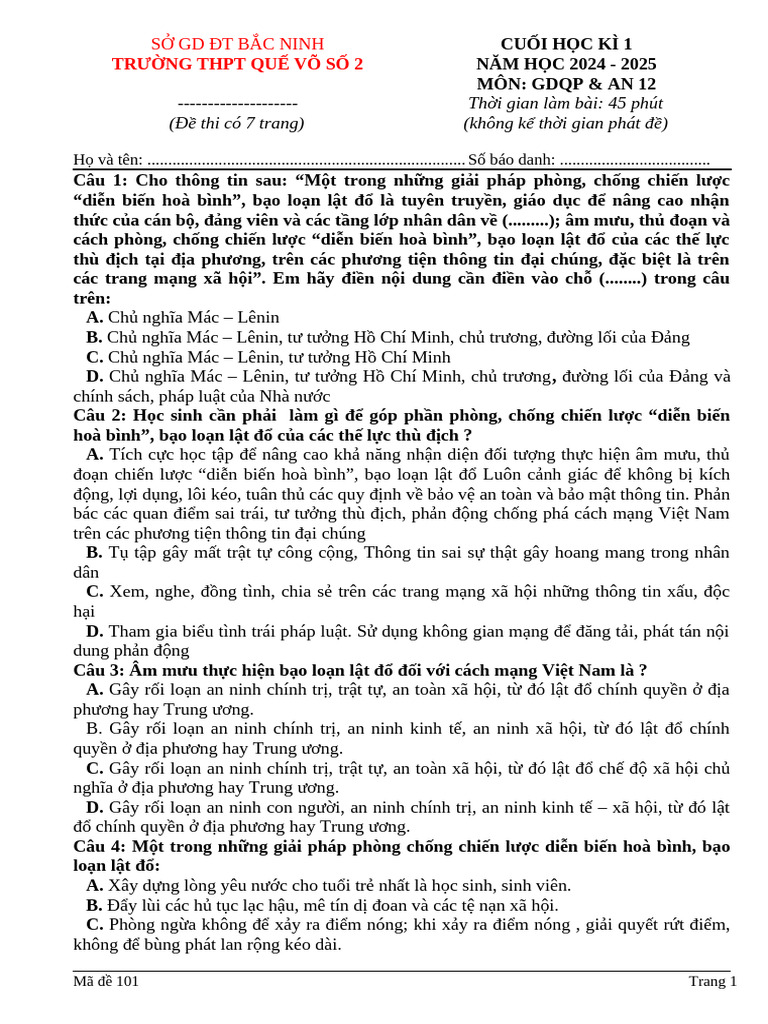 ĐỀ THI CUỐI KÌ 1 2024 2025 GDQP 12 | PDF