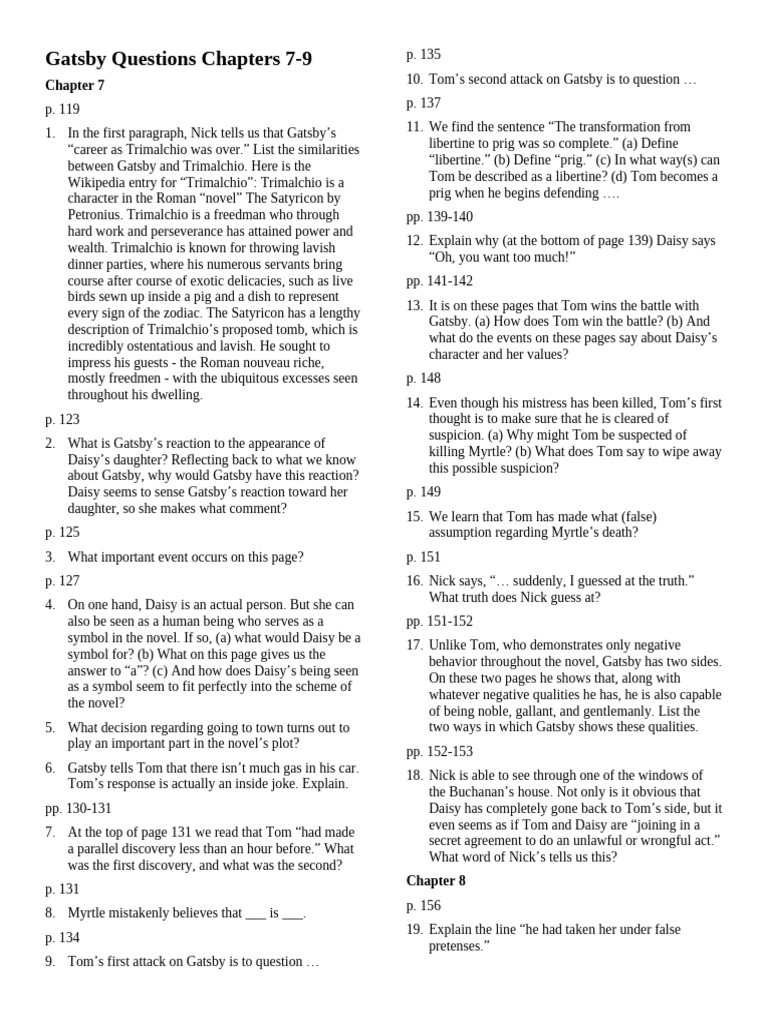 Z Gatsby Questions Chapters 7 9 | PDF | The Great Gatsby