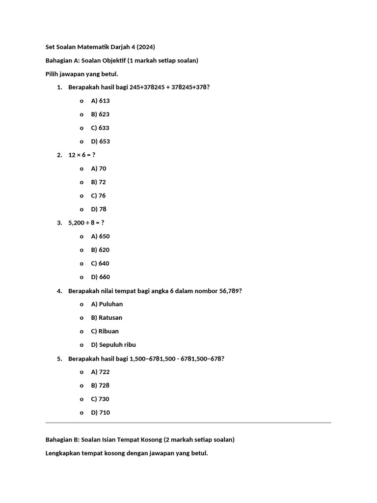 Set Soalan Matematik Darjah 4 | PDF