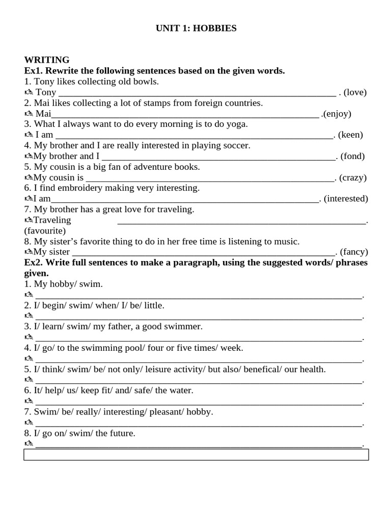 Writing. Unit 1. My Hobbies. BT PTNL 7 | PDF